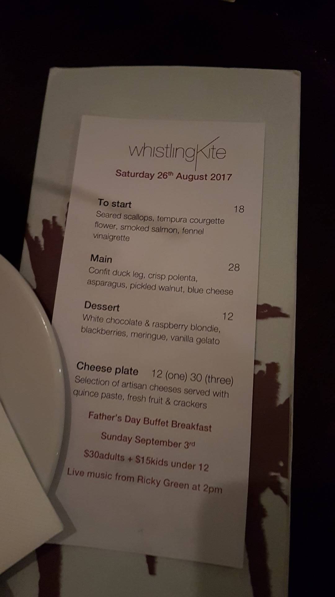 Menu at Whistling Kite restaurant, Secret Harbour