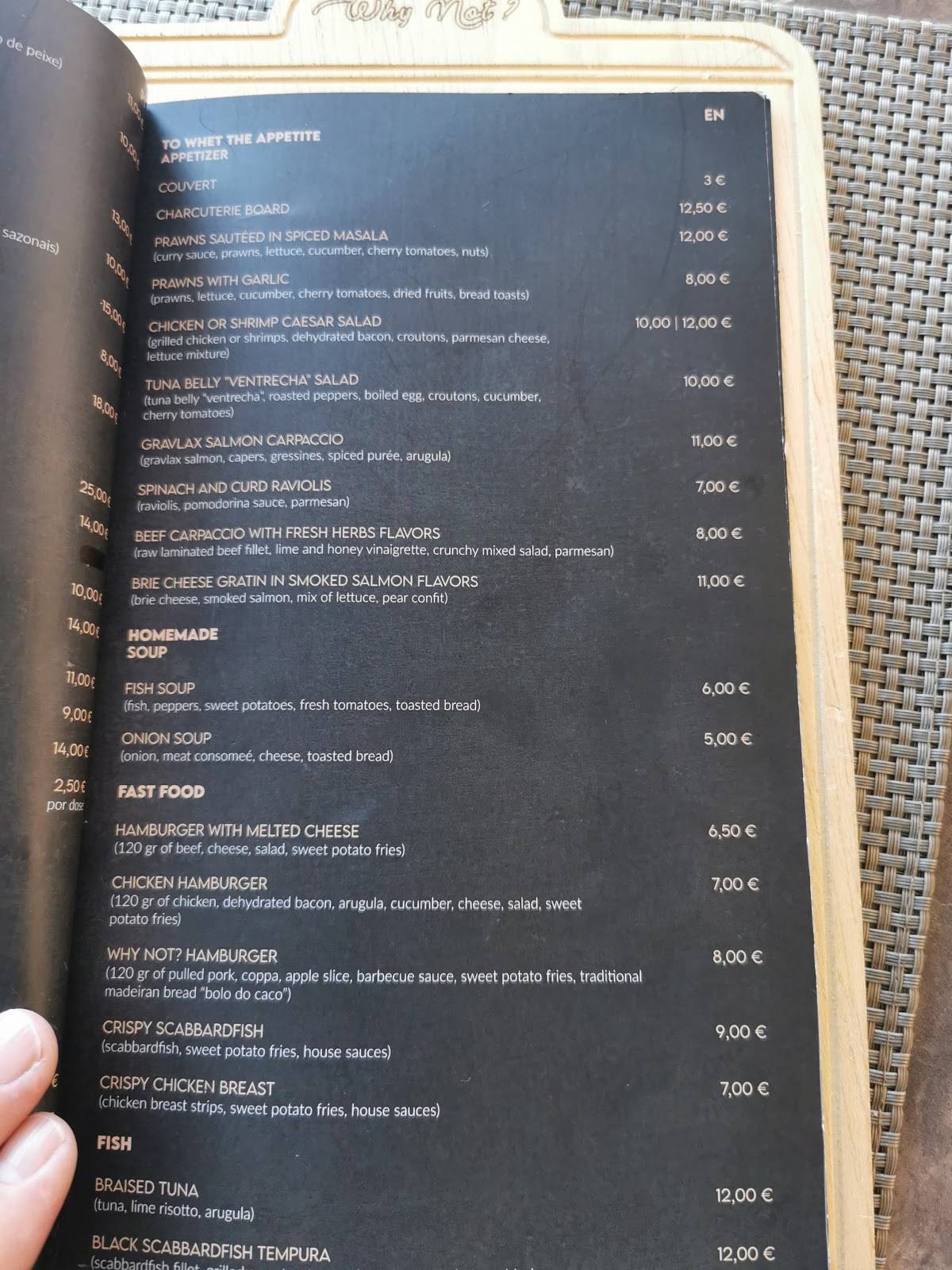 Carta de Why Not? Restaurant Grill, Funchal