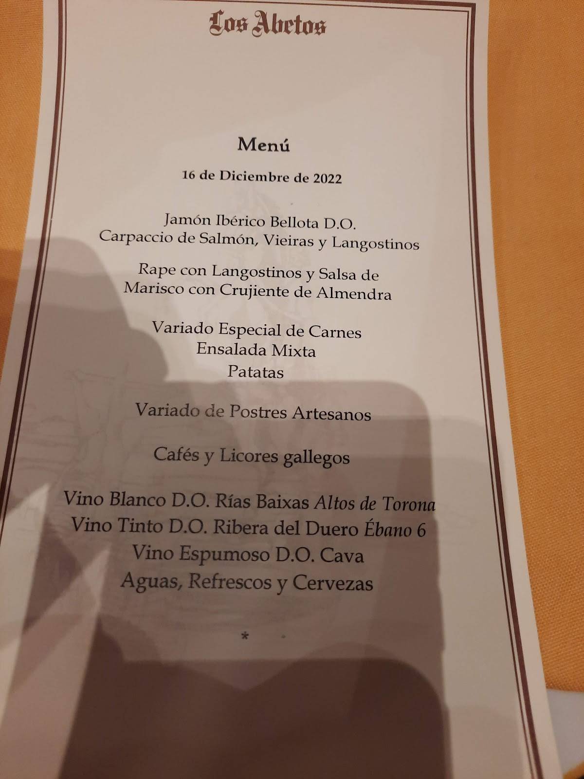 Carta de parrilla Los Abetos, Nigrán
