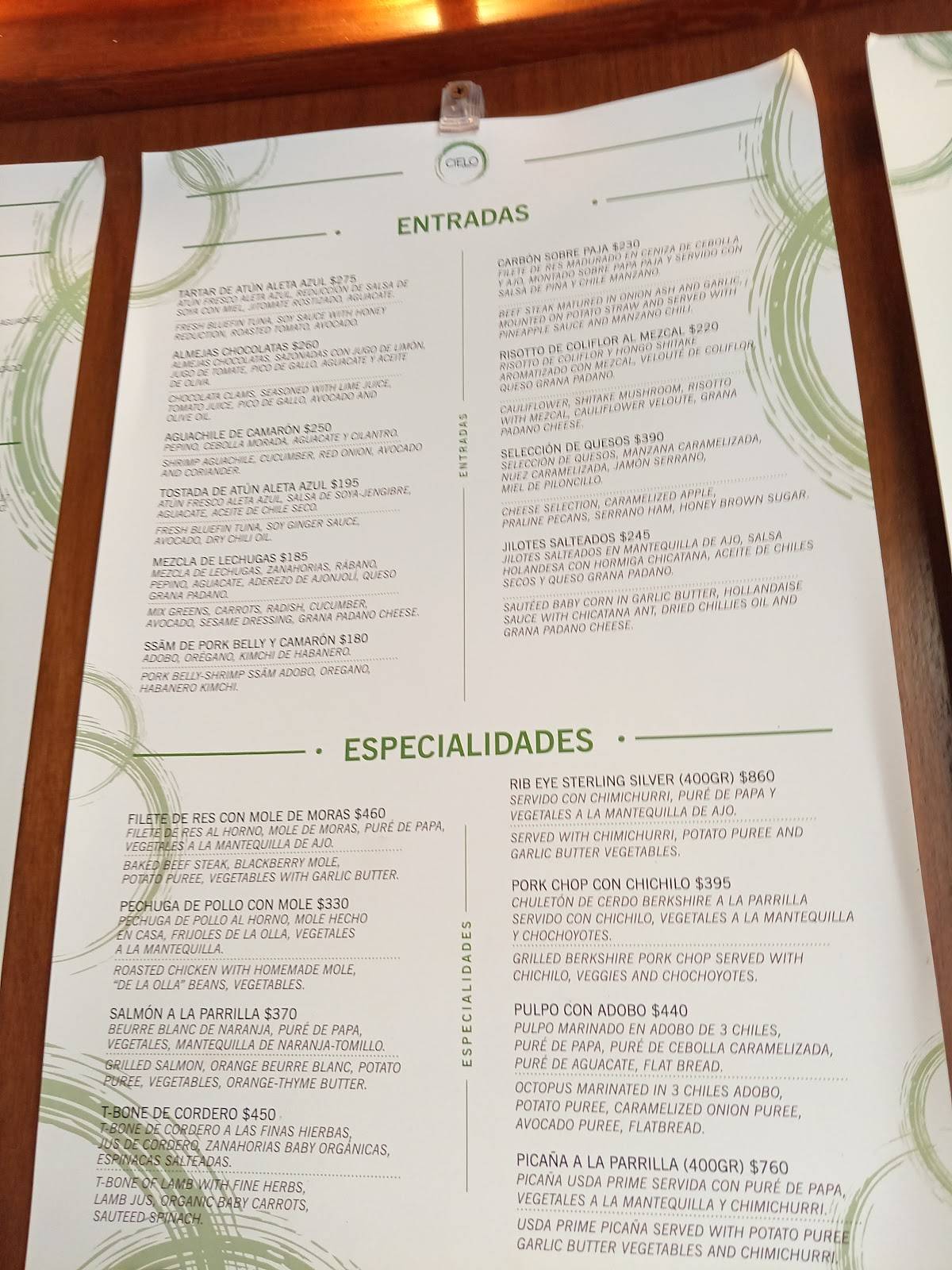 Carta del restaurante Cielo Rooftop SMA, San Miguel del Allende