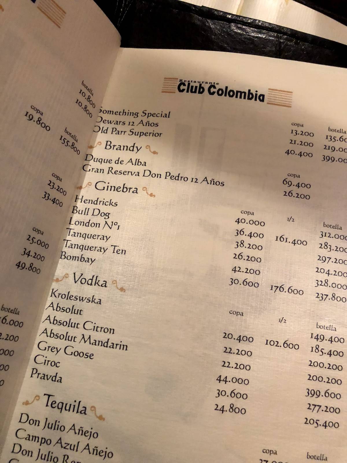 Menu at Restaurante Club Colombia, Bogotá
