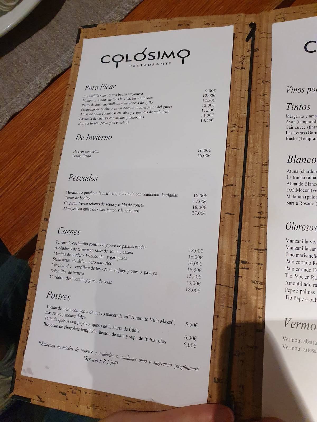 Carta de Restaurante Colósimo, Madrid