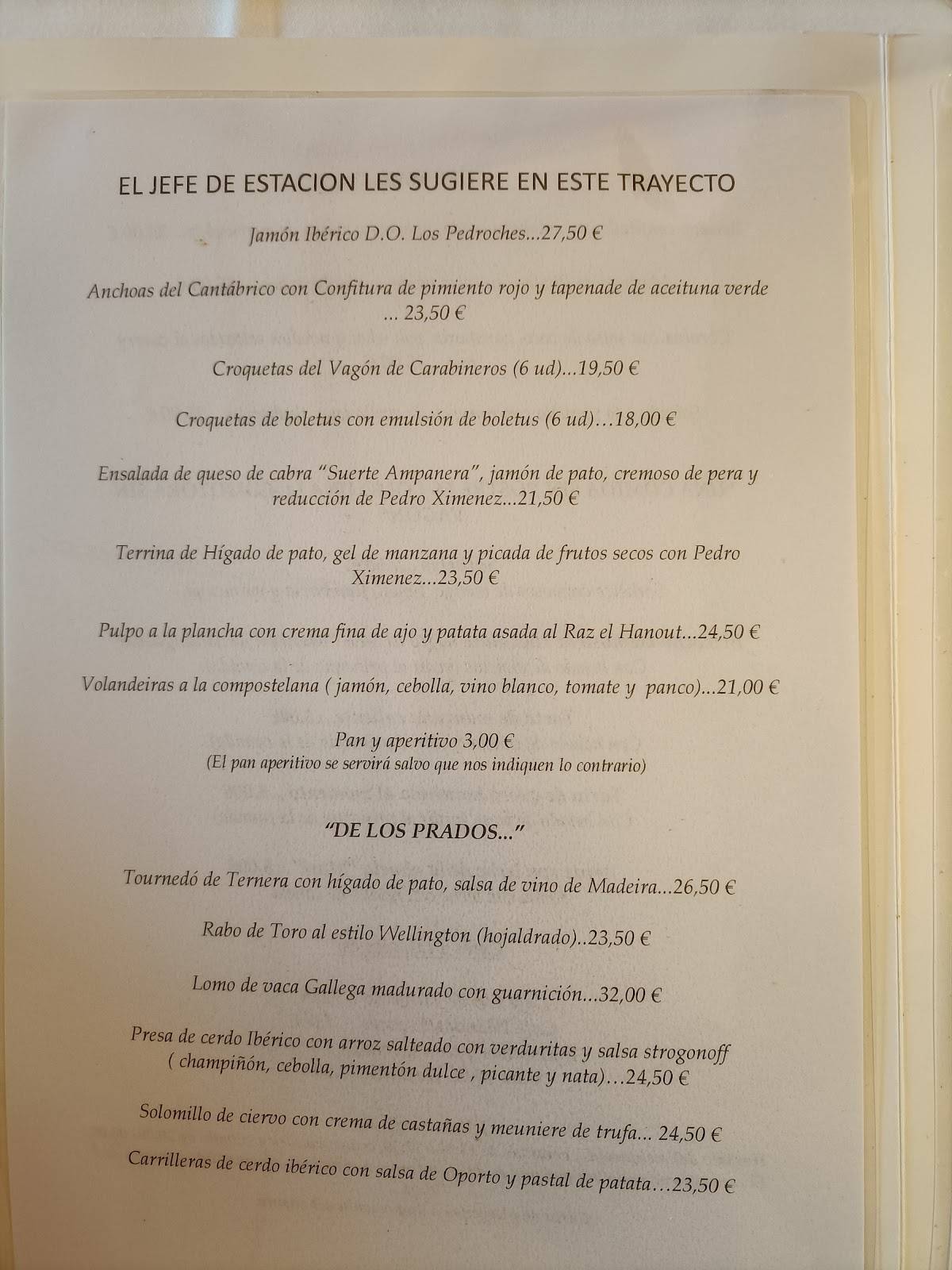 Carta de Restaurante El Vagón de Beni, Hoyo de Manzanares