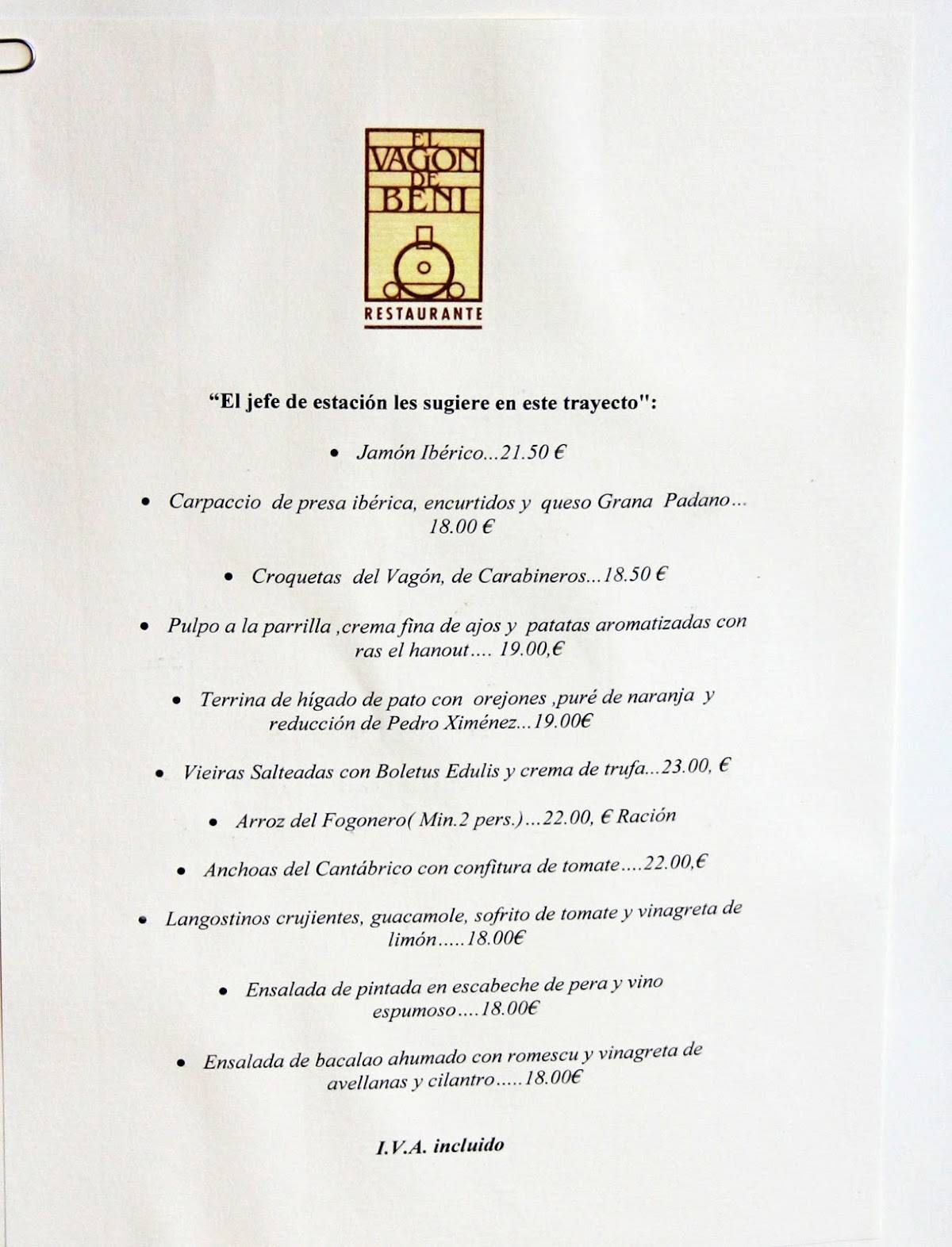 Carta de Restaurante El Vagón de Beni, Hoyo de Manzanares