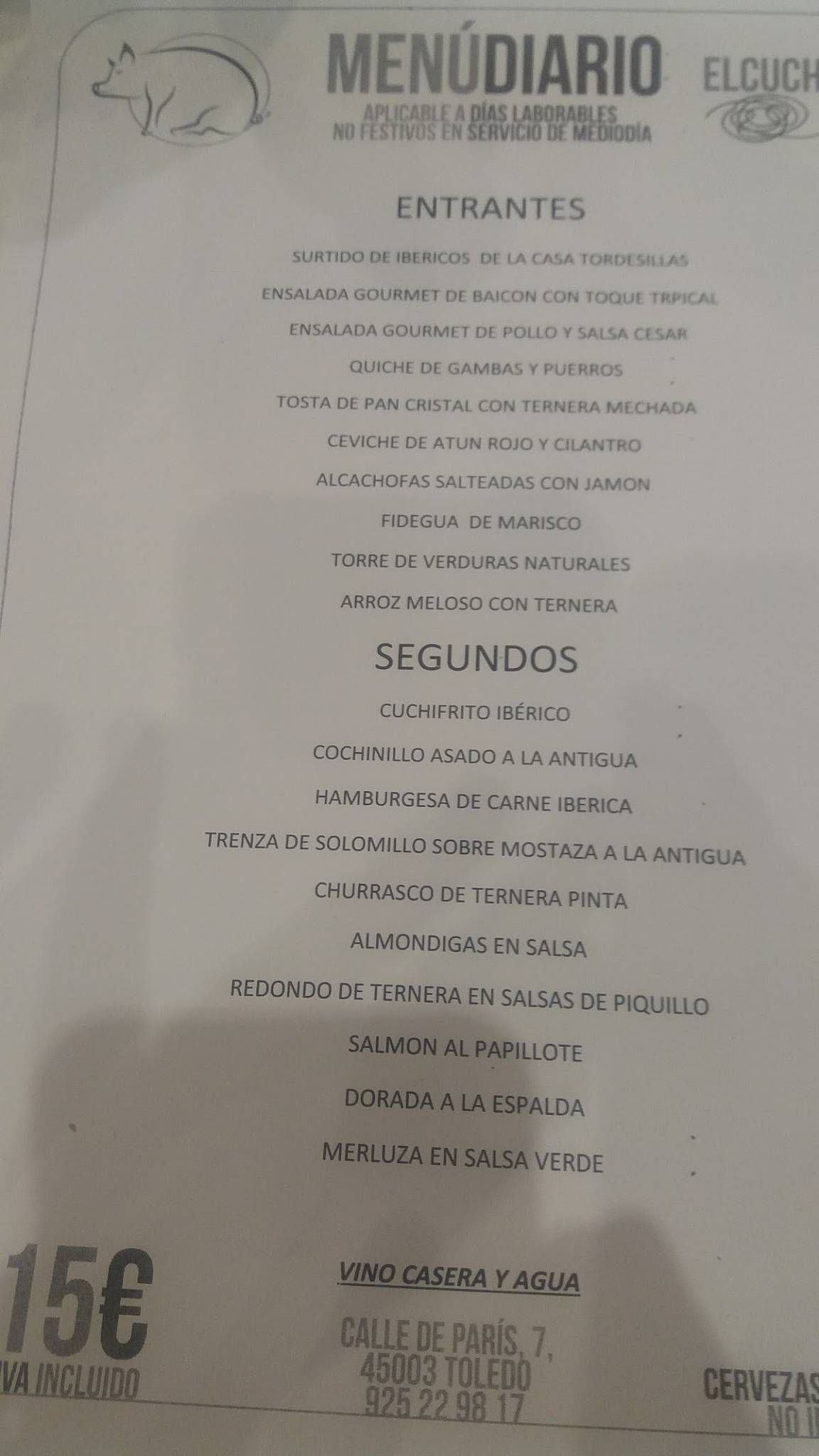 Carta del restaurante Mesón El Cuchifrito, Toledo