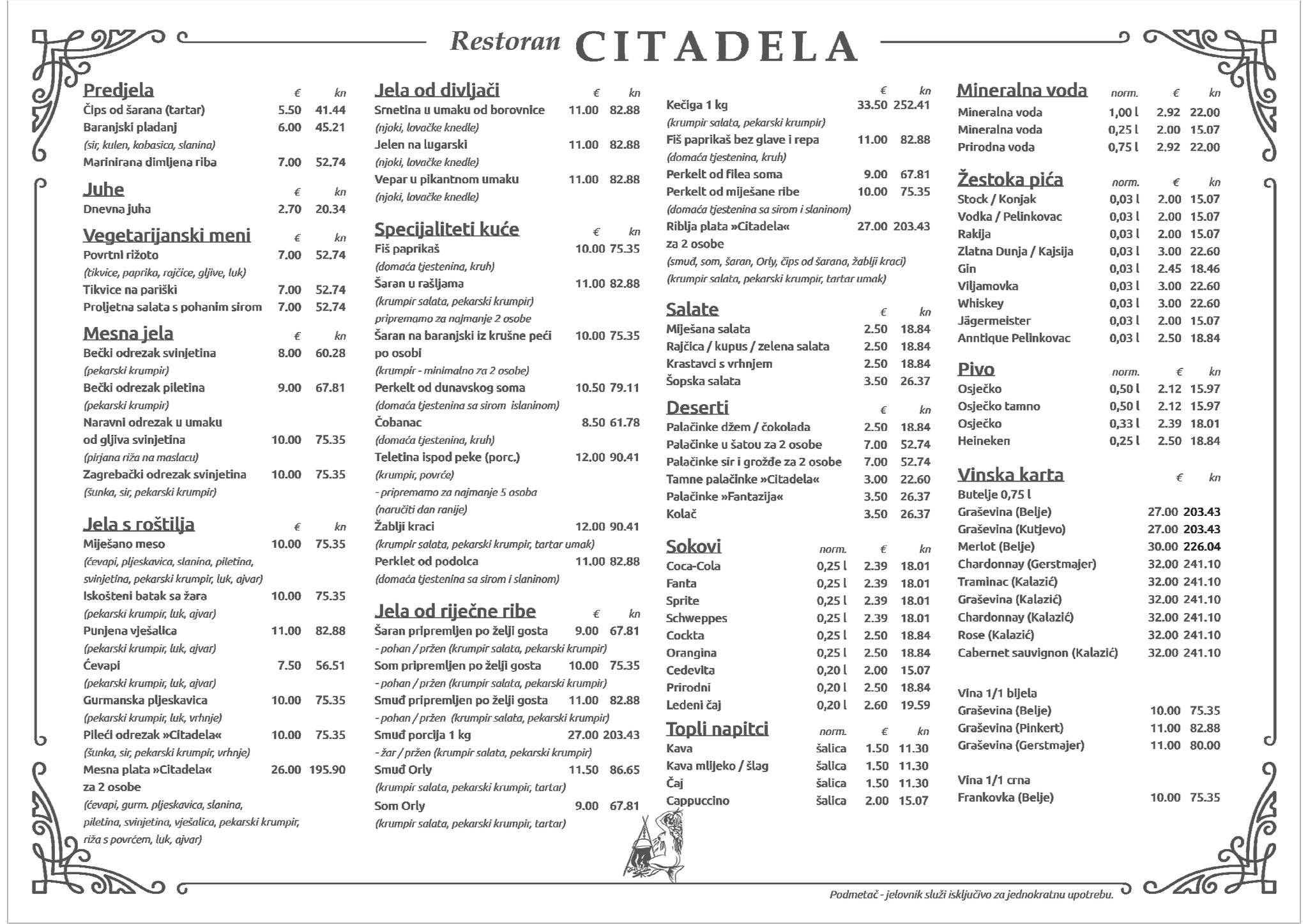 Menu at Restoran Citadela restaurant, Vardarac, Ul. Šandora Petefija 39