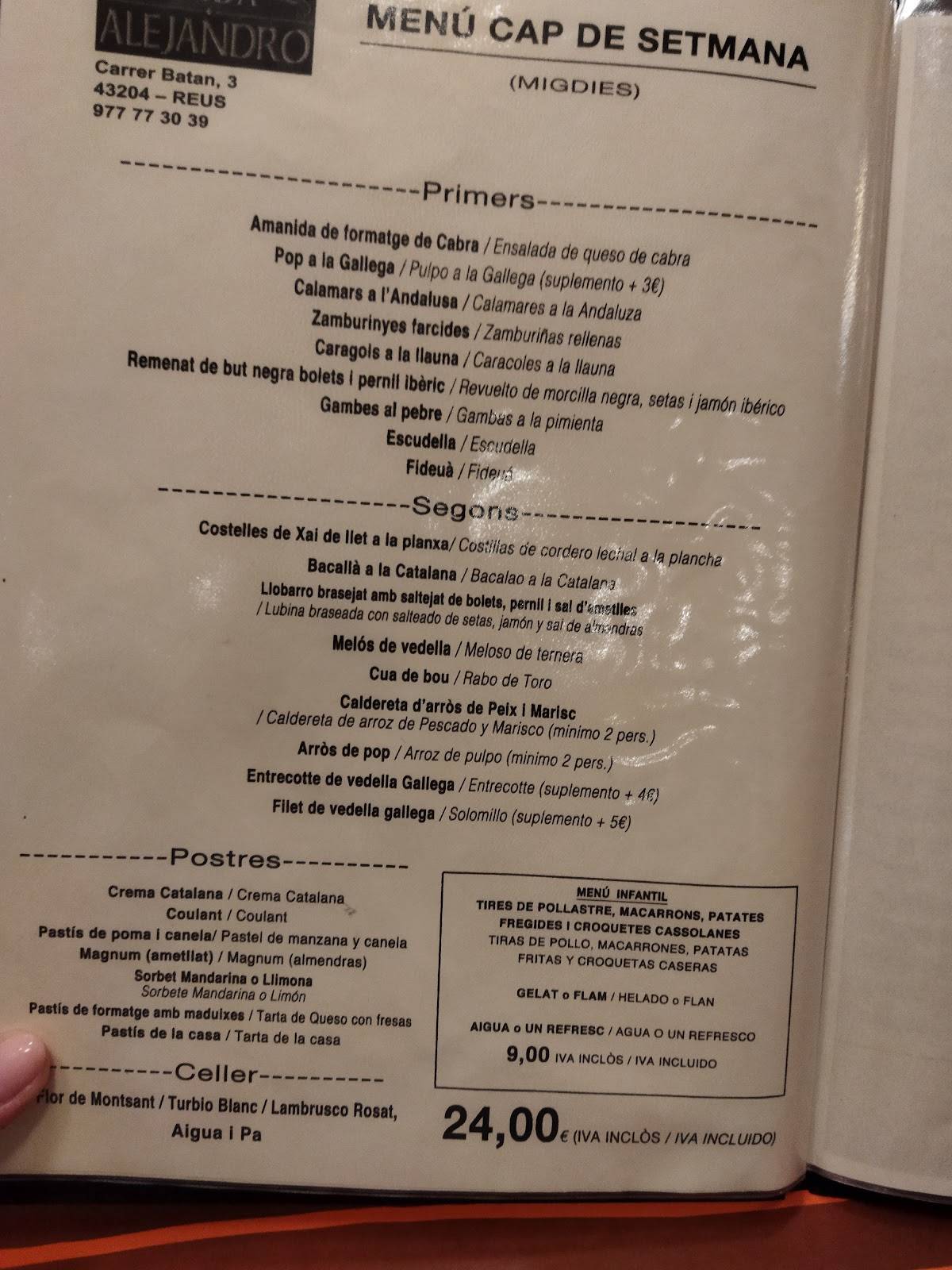 Menu at Restaurante Casa Alejandro, Reus, Carrer del Batan