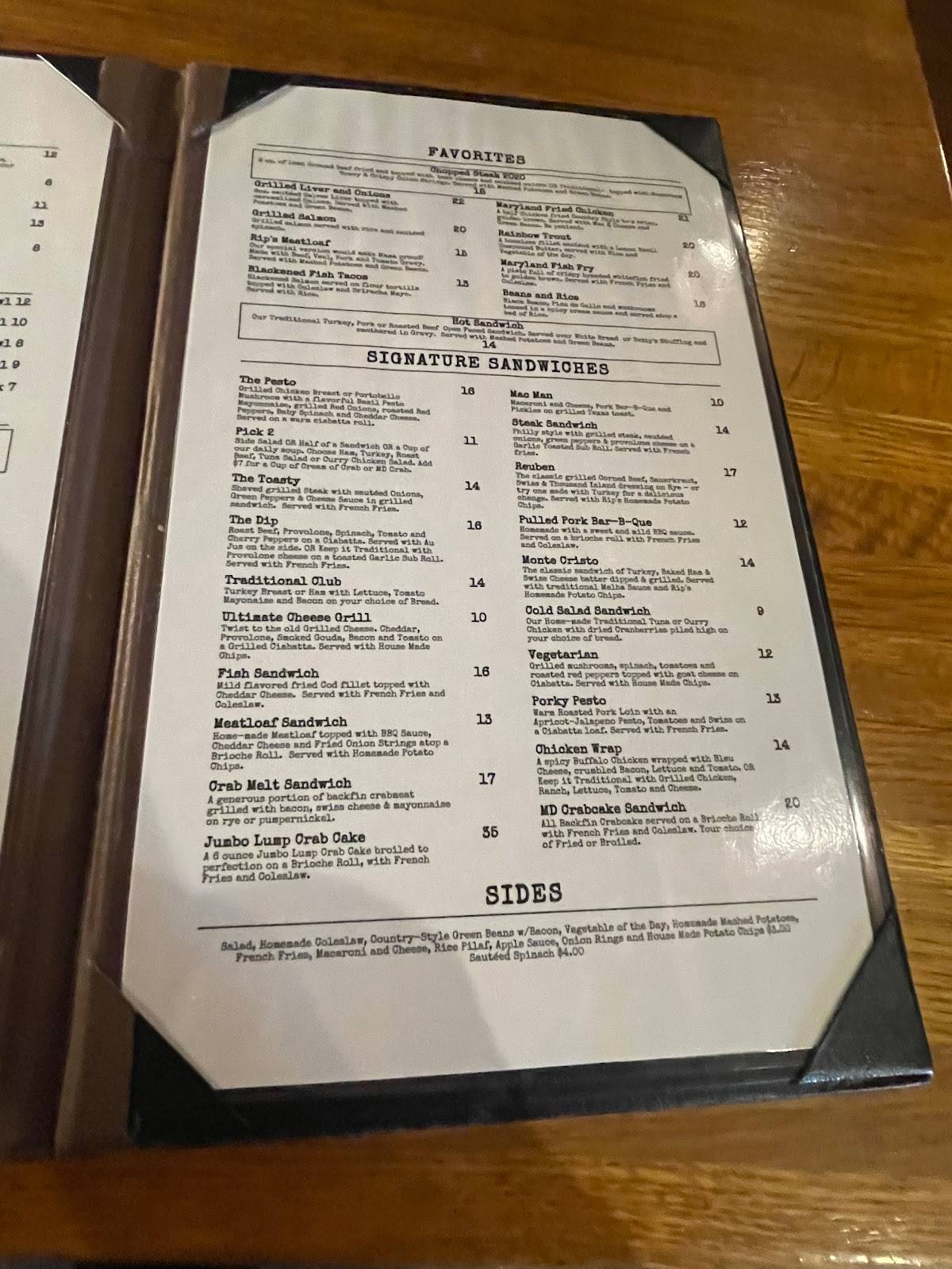 Menu at Rips Country Inn pub & bar, Bowie