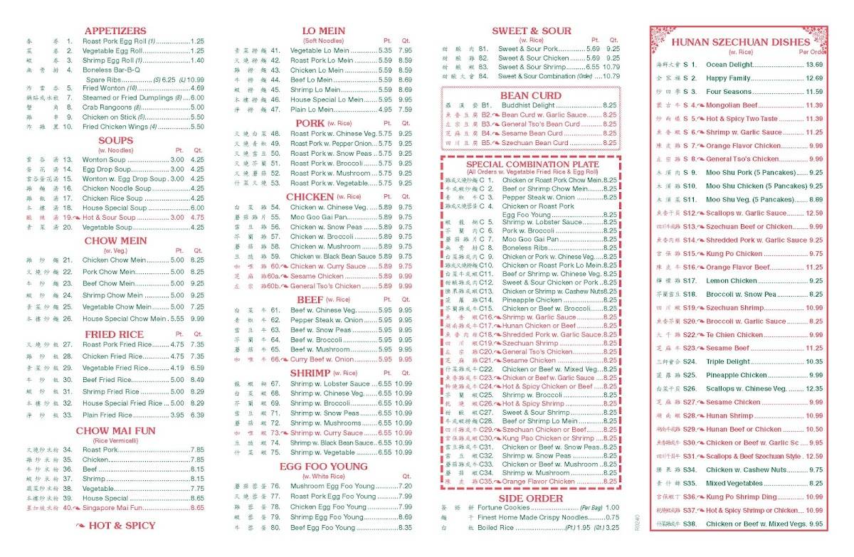 Menu at Rising Sun II Chinese Kitchen restaurant, Honeoye