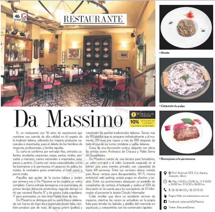 Menu at Ristorante Da Massimo restaurant, Zapopan, Av. de las Américas 1213