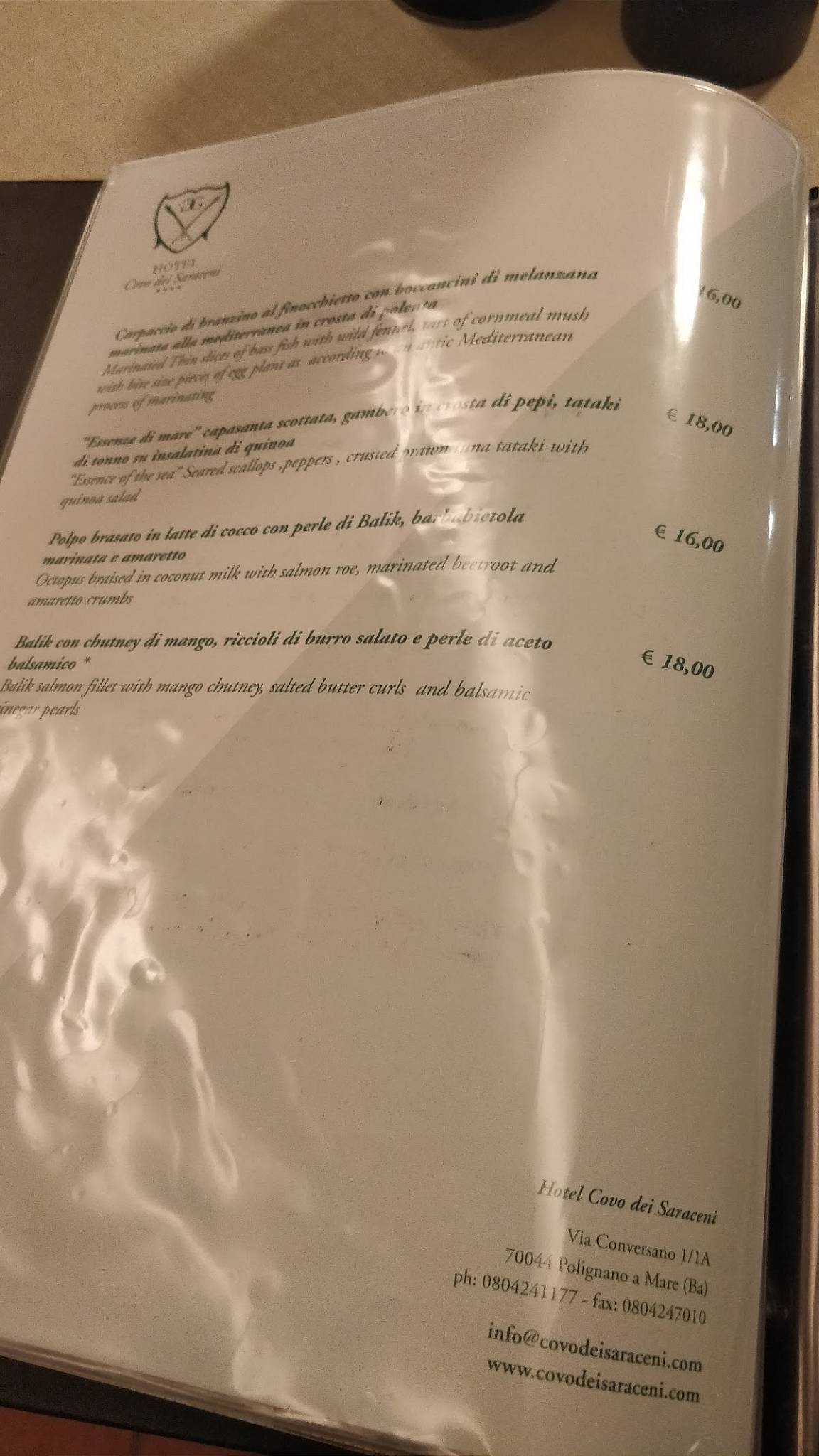 Menu da Il Covo dei Saraceni ristorante, Polignano A Mare