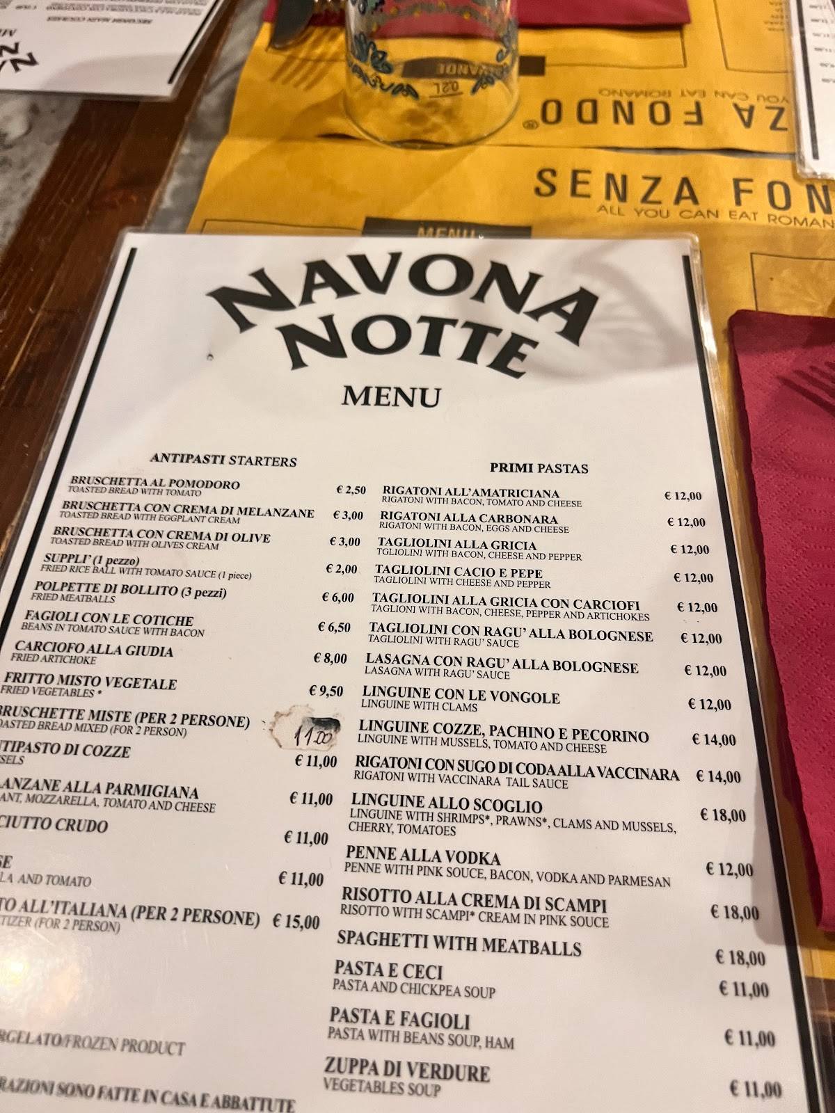 Меню Ristorante Pizzeria Navona Notte, Рим, Via del Teatro Pace