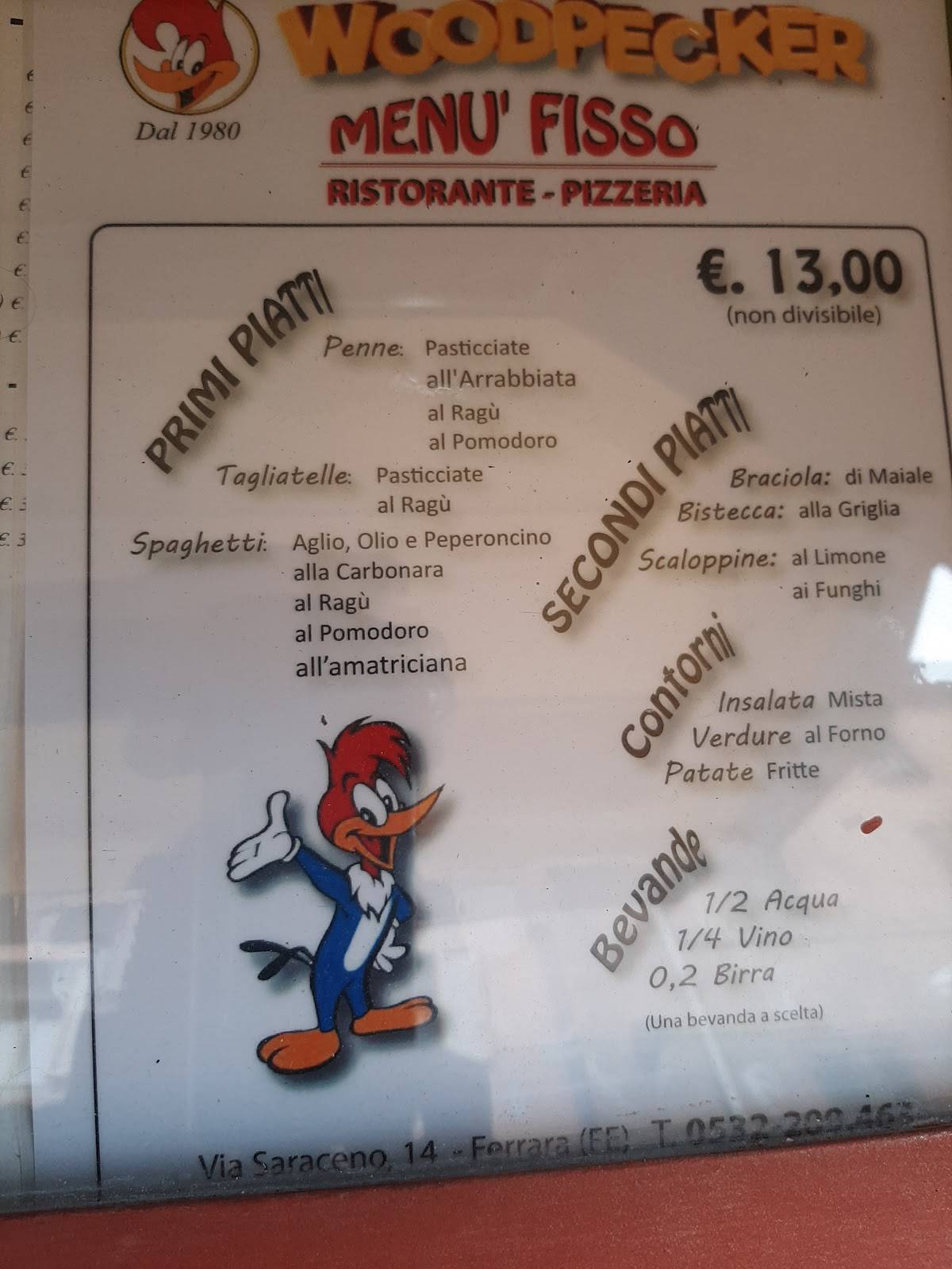Menu at Ristorante Pizzeria Woodpecker, Ferrara