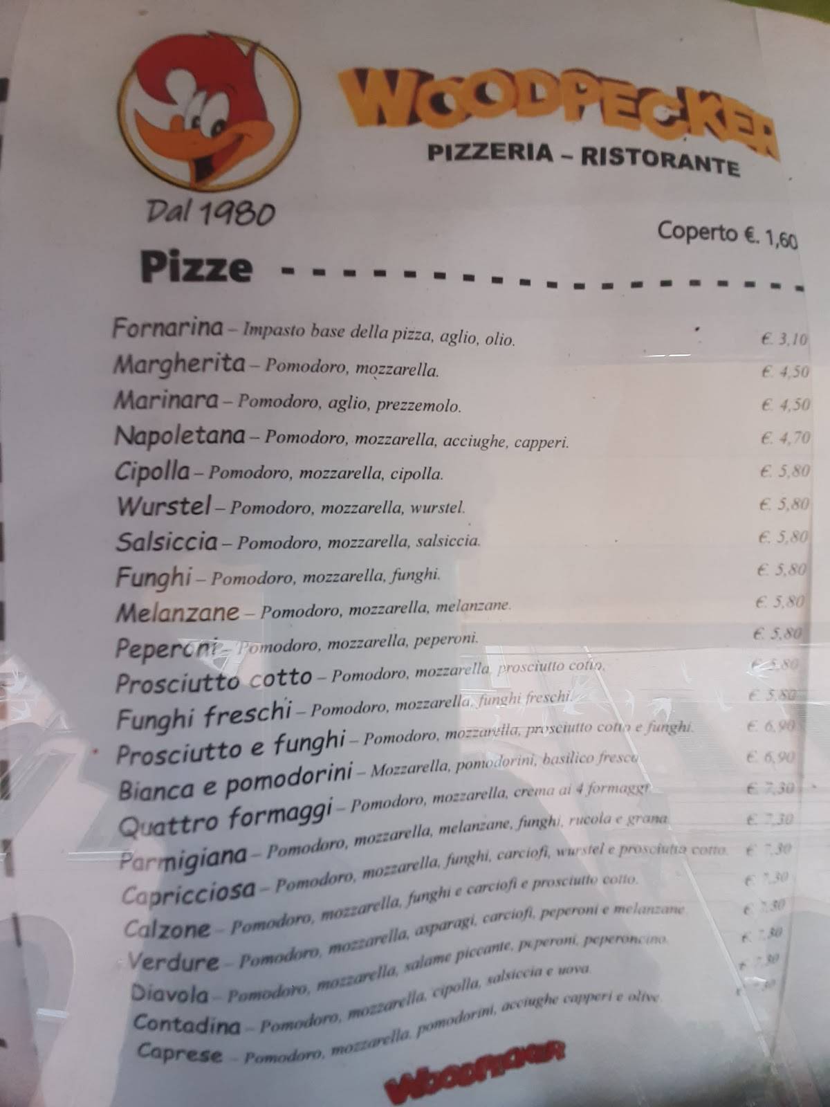 Menu at Ristorante Pizzeria Woodpecker, Ferrara