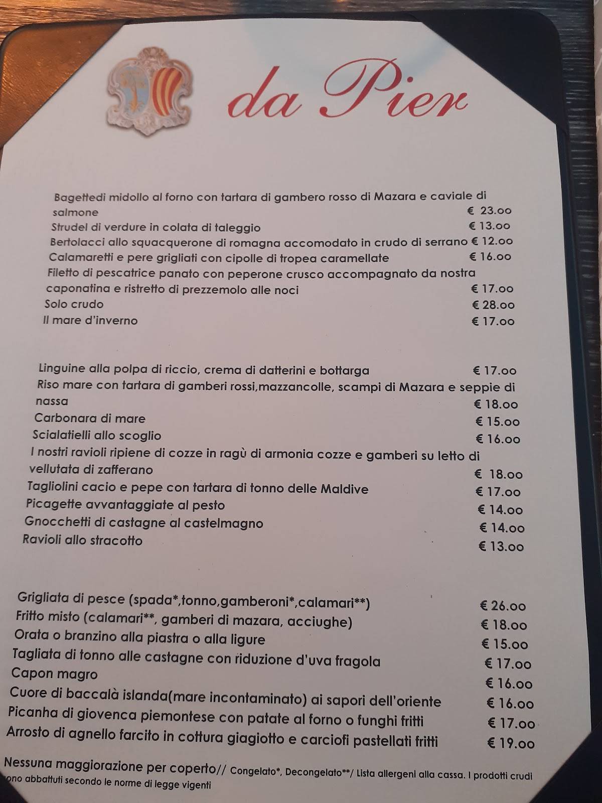 Menu da Ristorante da Pier, Albisola Superiore
