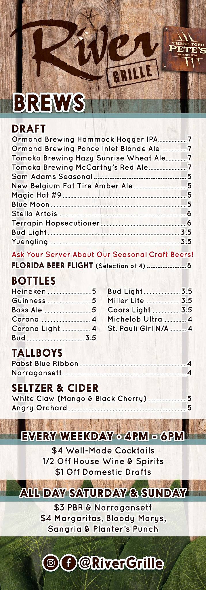 Menu at RiverGrille on the Tomoka restaurant, Ormond Beach, 950 US-1