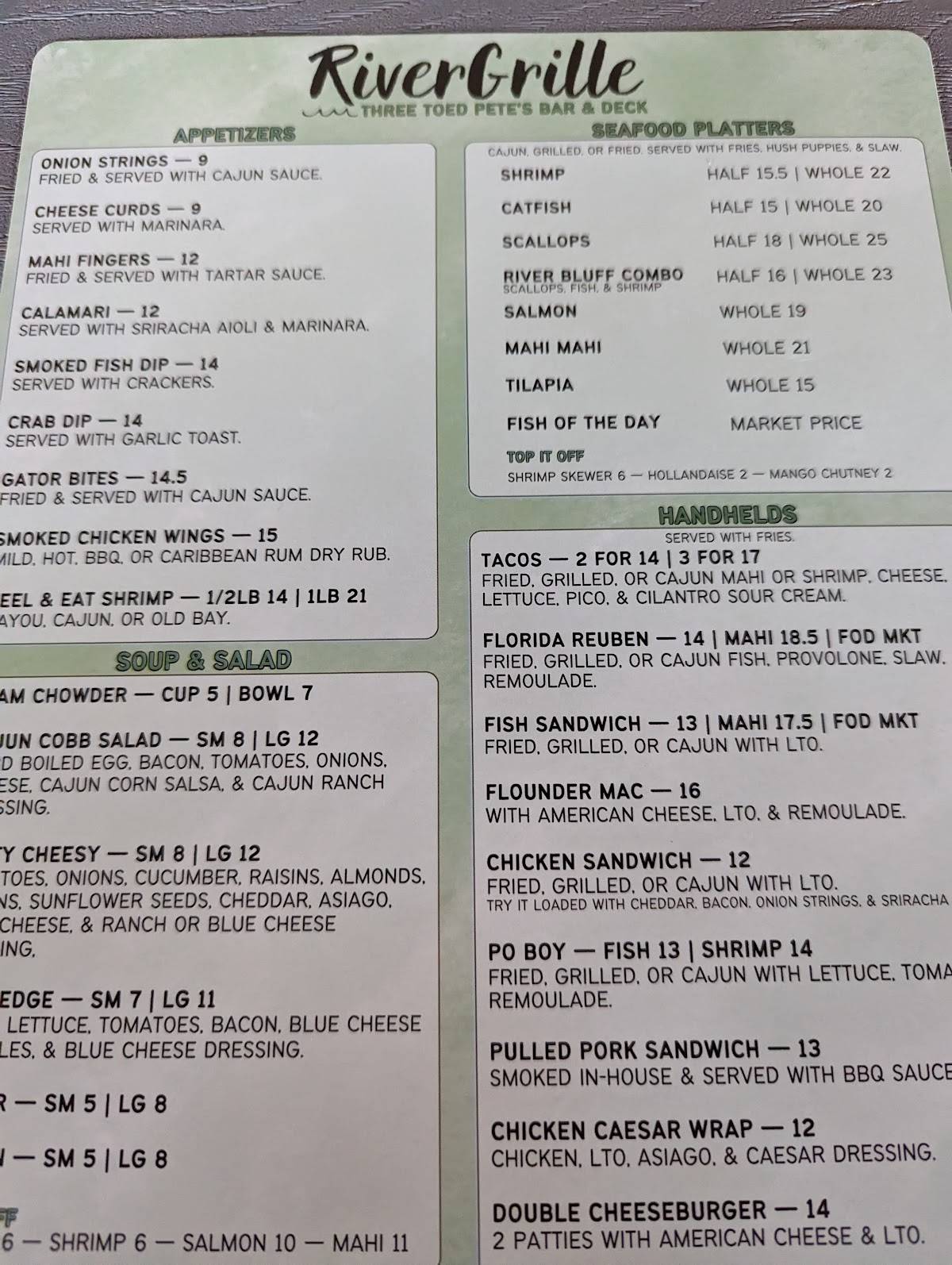 Menu at RiverGrille on the Tomoka restaurant, Ormond Beach, 950 US-1