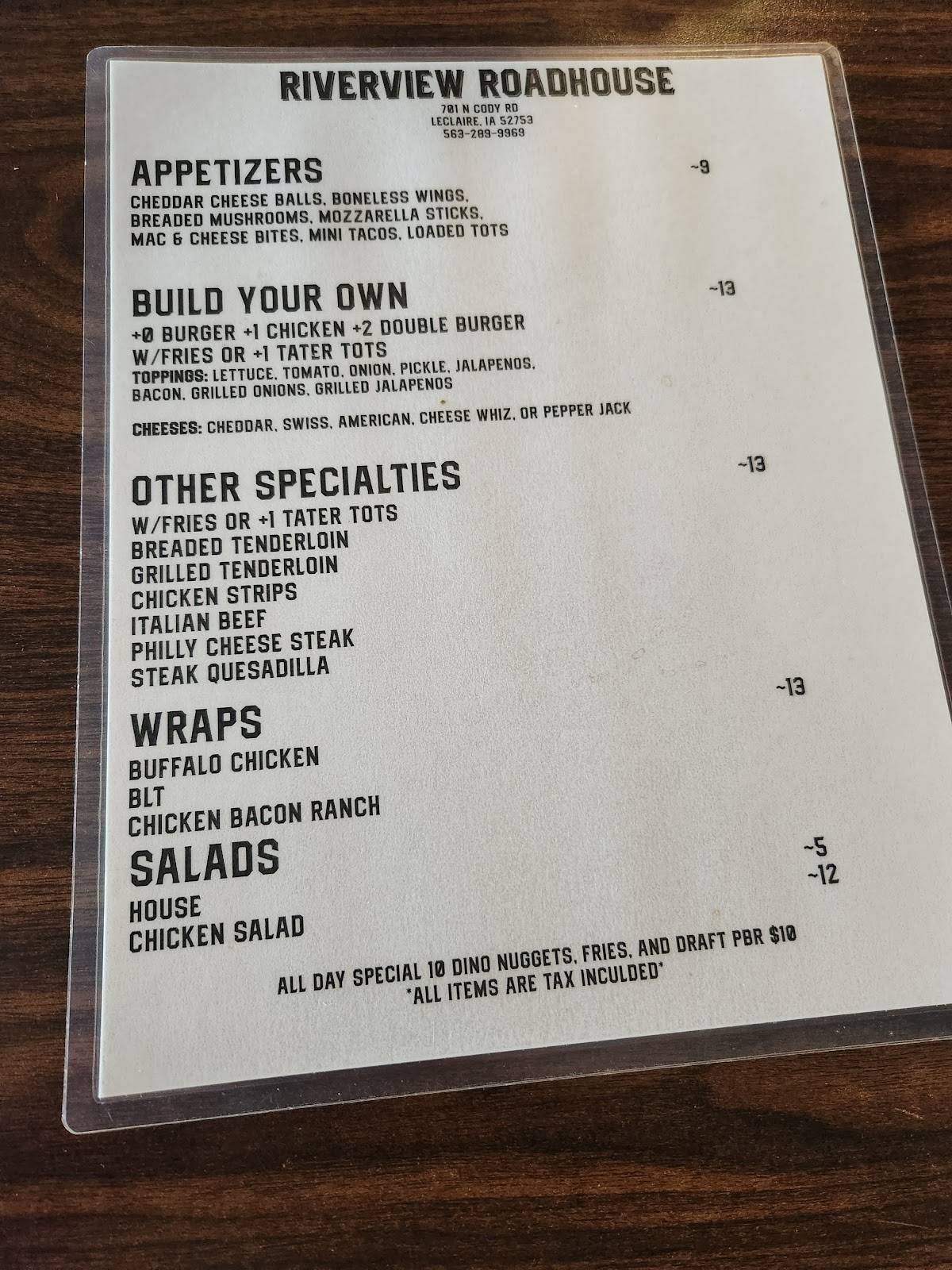 Menu at Riverview Roadhouse Bar & Grill, Le Claire