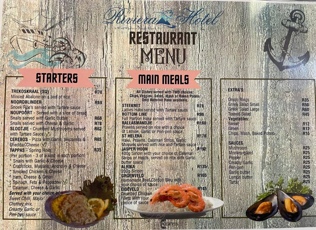 Menu at Riviera Hotel & Chalets restaurant, Velddrif