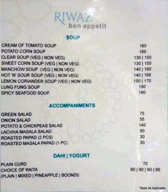 Menu at Riwaz Restaurant, Kolkata, JCCV+XCR