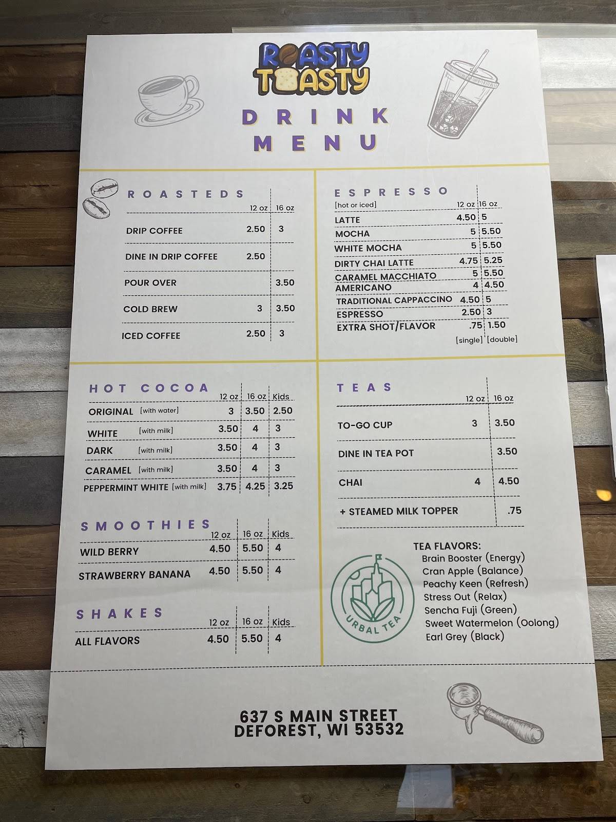Menu at Roasty Toasty cafe, DeForest
