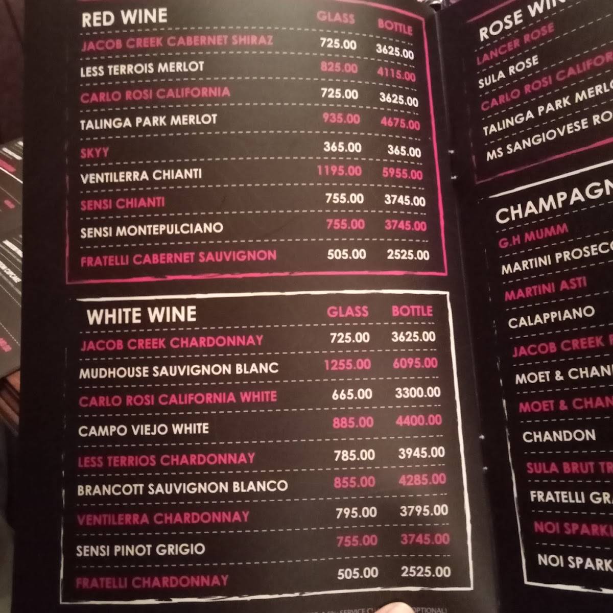 Menu at Roots, Kolkata