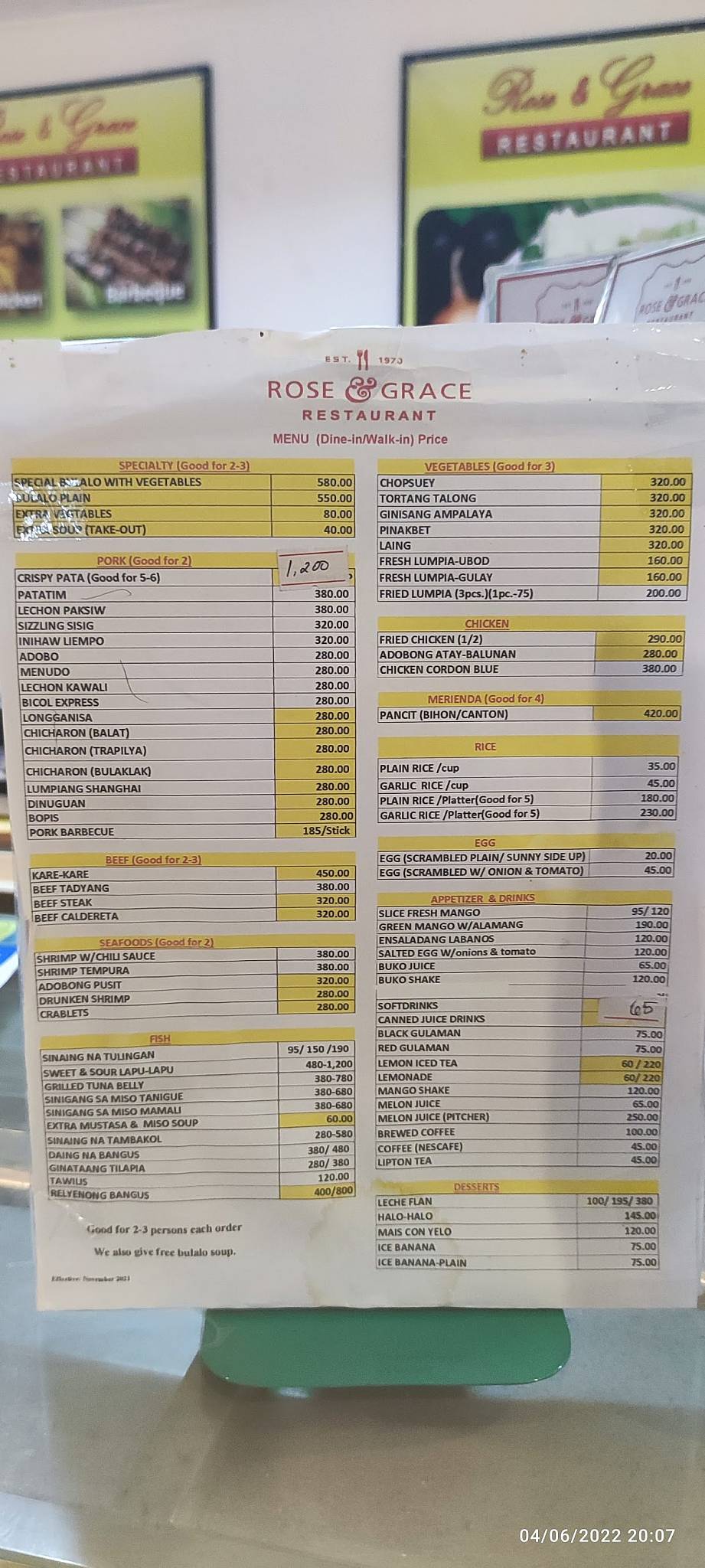 Menu at Rose and Grace Restaurant, Santo Tomas, 1