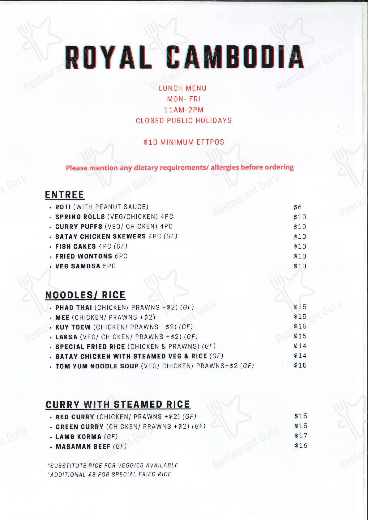 Menu at Royal Cambodia Restaurant, East Perth