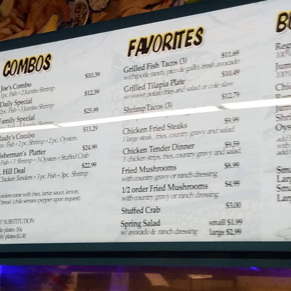 Menu at Rudy's Seafood restaurant, San Antonio