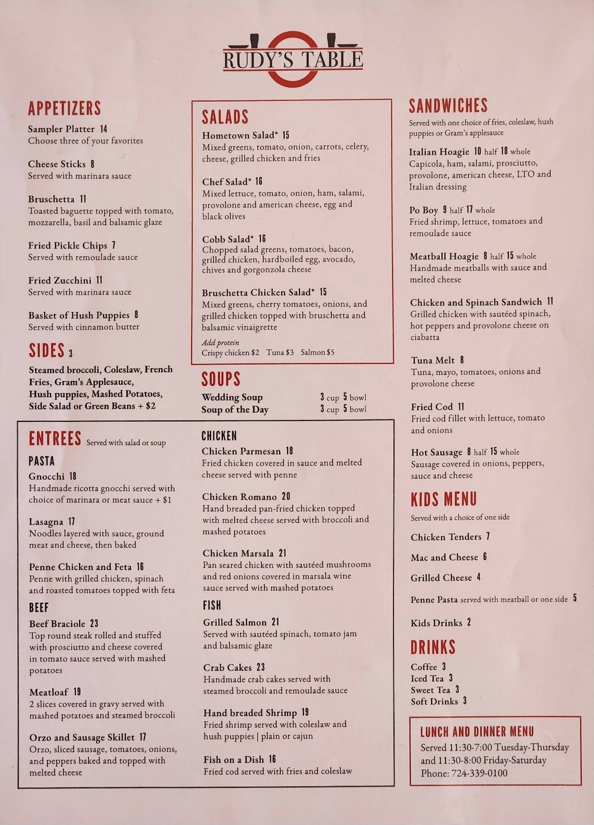Menu at Rudy's Table restaurant, Lower Burrell