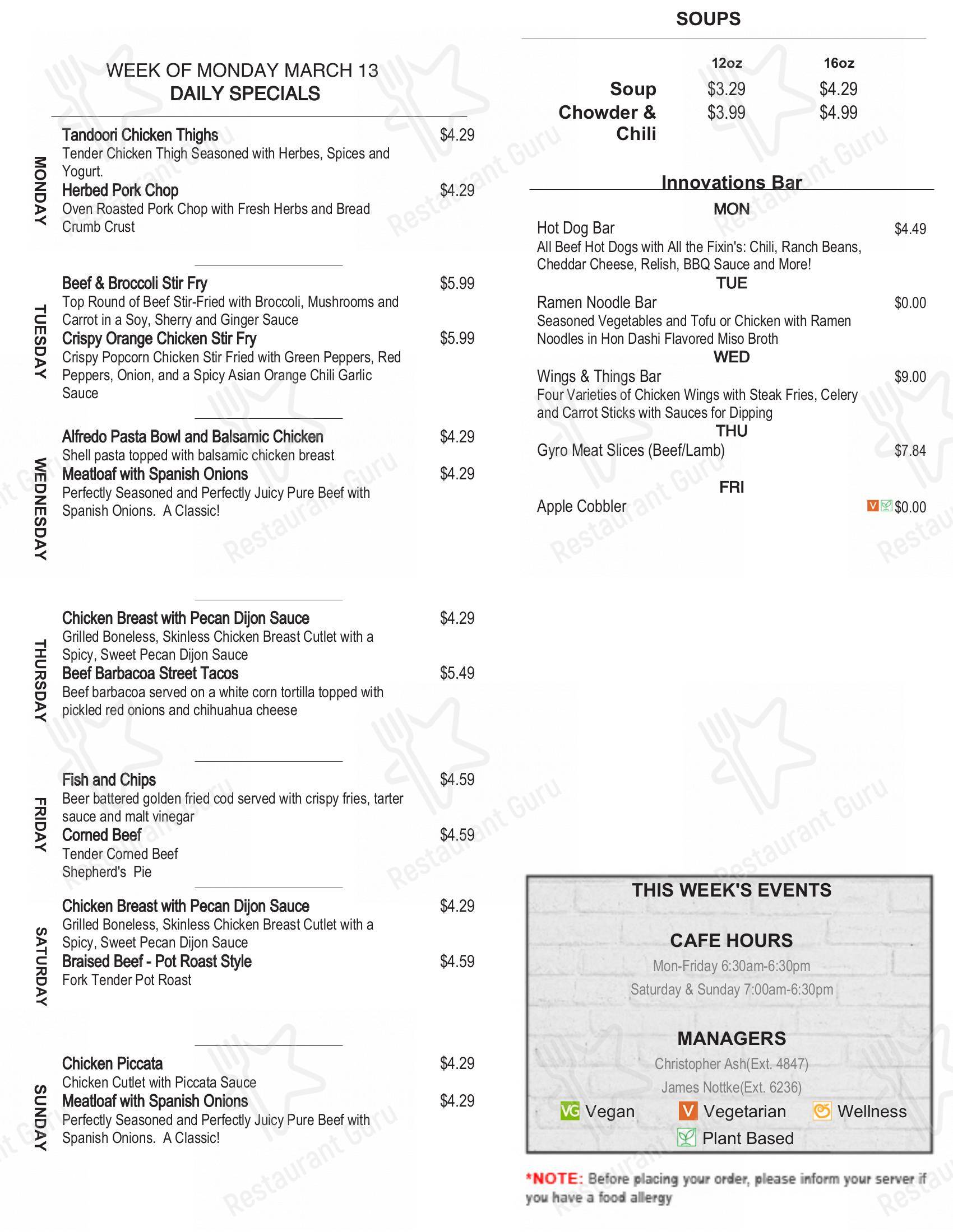 Menu at Rush University Medical Center Cafeteria, Chicago