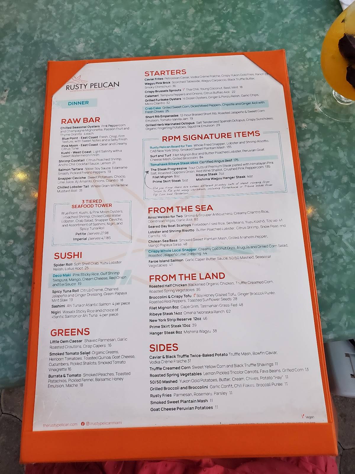 Menu at Rusty Pelican Miami restaurant, Miami, Rickenbacker Cswy