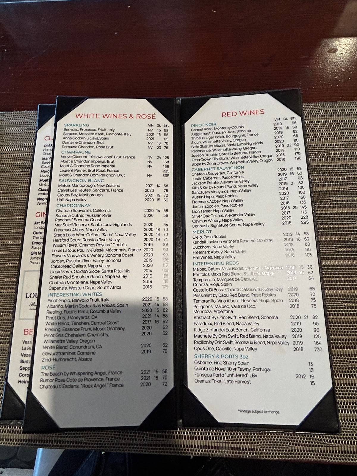 Menu at Rusty Pelican Miami restaurant, Miami, Rickenbacker Cswy