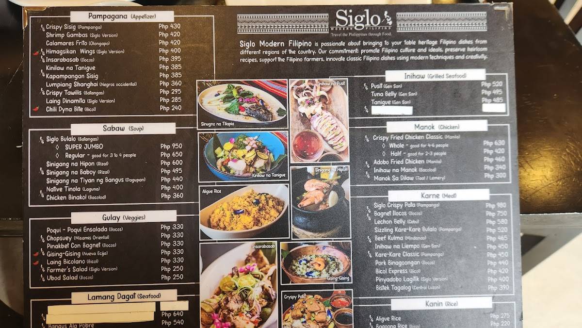Menu at SIGLO MODERN FILIPINO restaurant, Tagaytay, Tagaytay - Calamba Rd