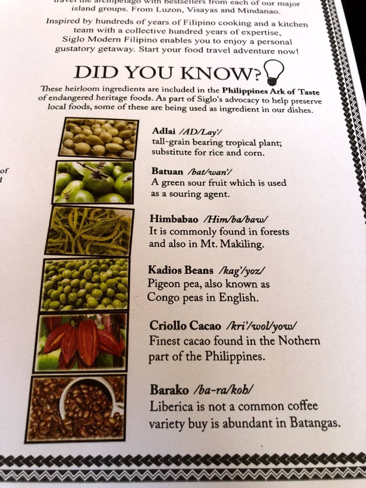 Menu at SIGLO MODERN FILIPINO restaurant, Tagaytay, Tagaytay - Calamba Rd