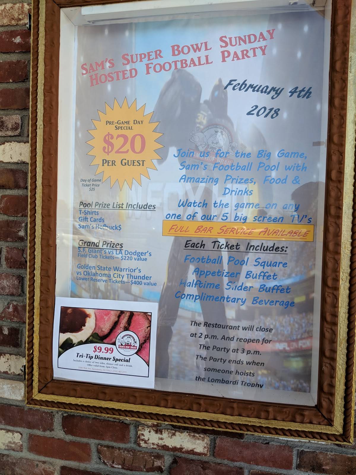 Menu at Sam's Hof Brau restaurant, Sacramento, Watt Ave