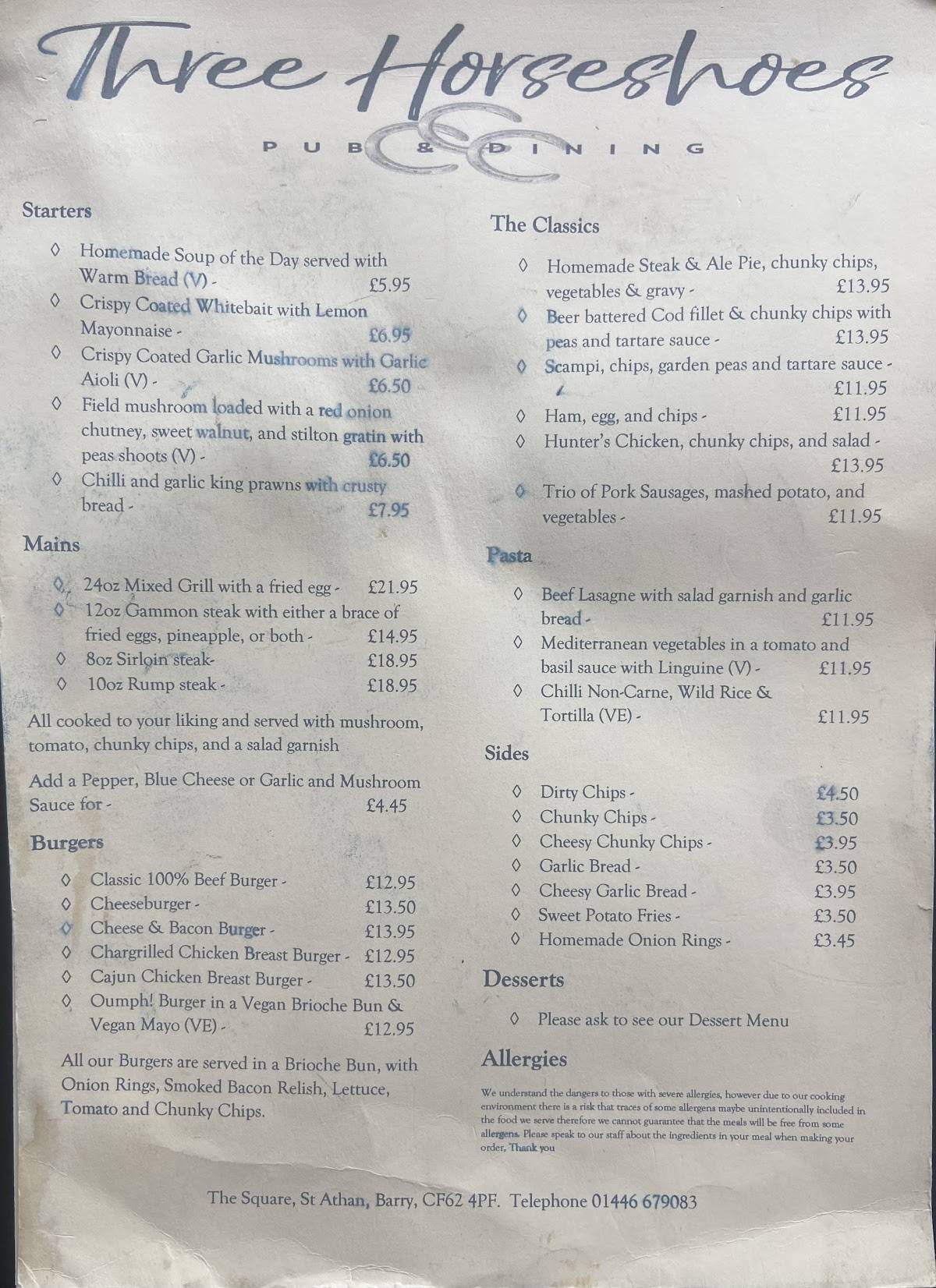 Menu at The Three Horseshoes pub & bar, Saint Athan