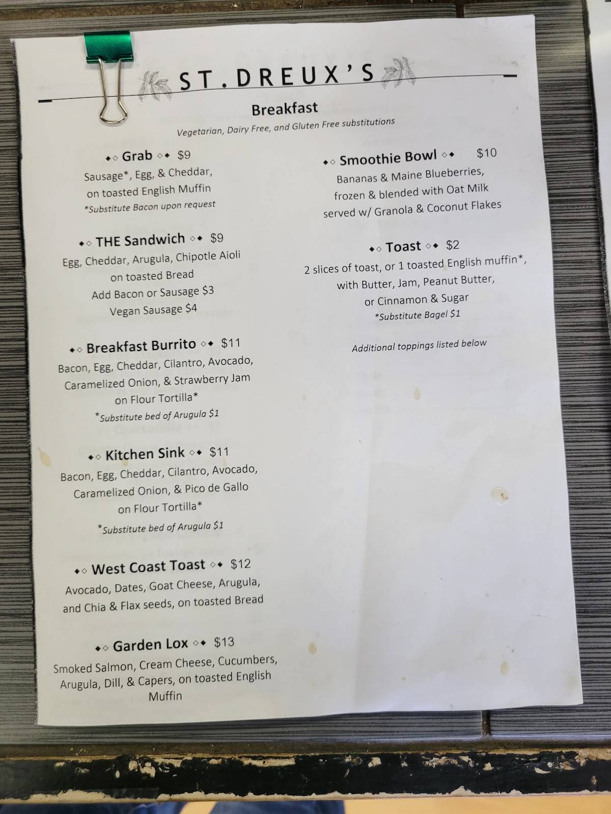 Menu at Saint Dreux's Coffee cafe, Southwest Harbor