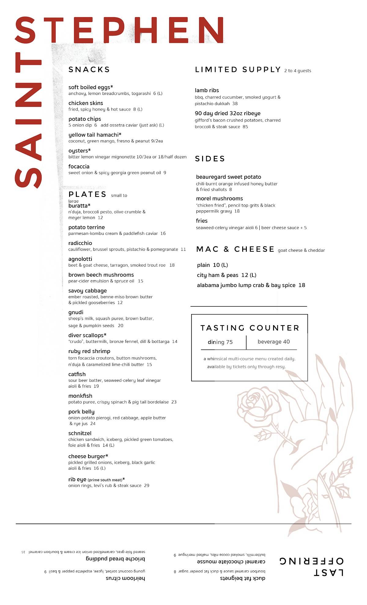 Menu at Saint Stephen restaurant, Nashville