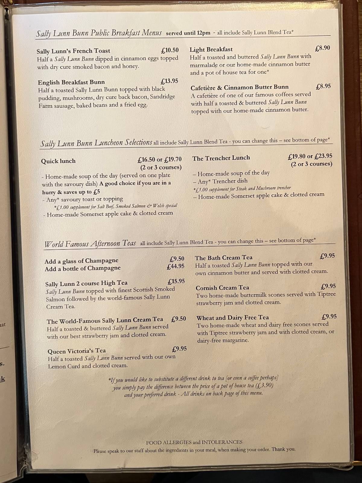 Menu at Sally Lunn’s Historic Eating House & Museum restaurant, Bath