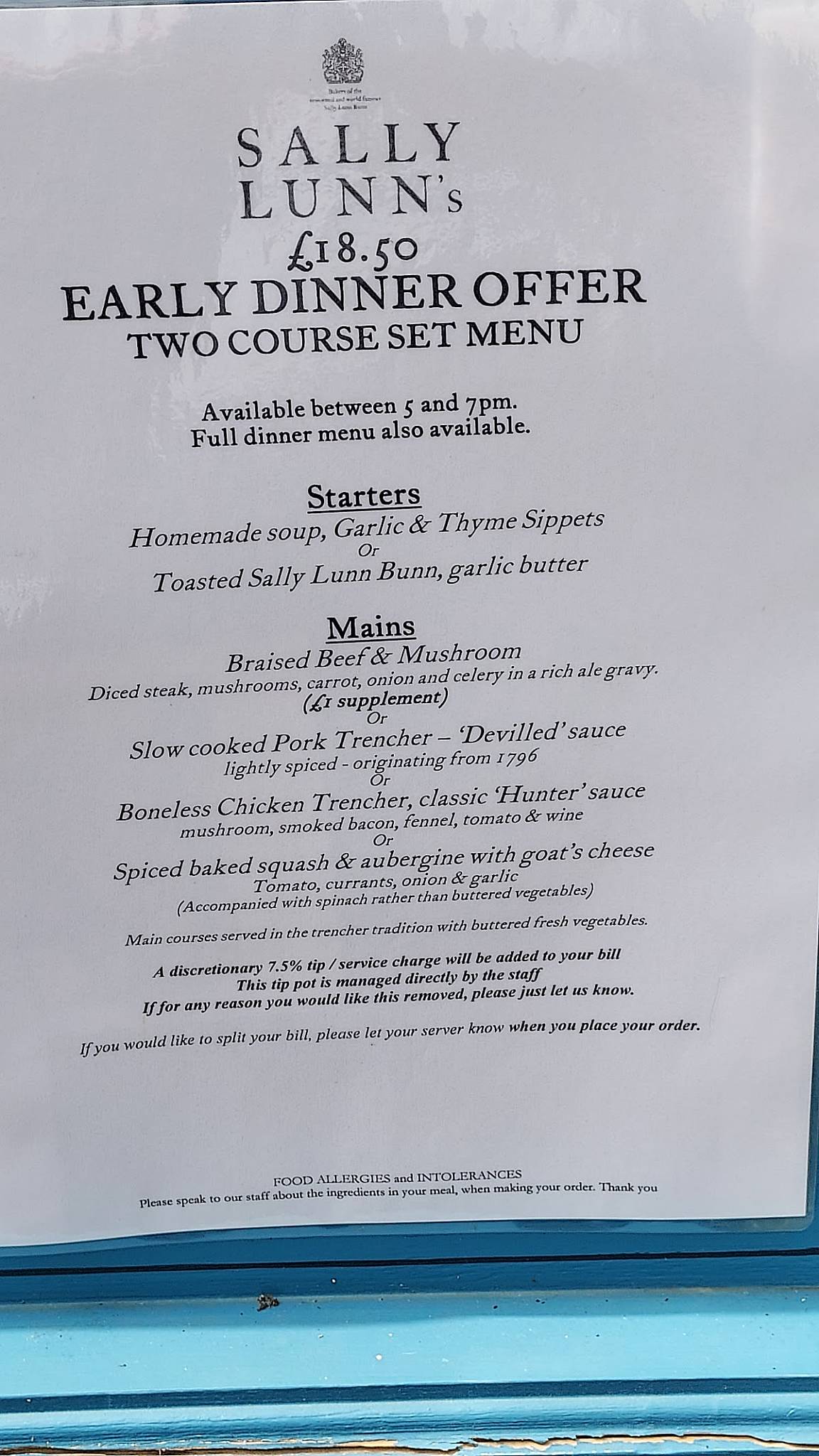 Menu at Sally Lunn’s Historic Eating House & Museum restaurant, Bath