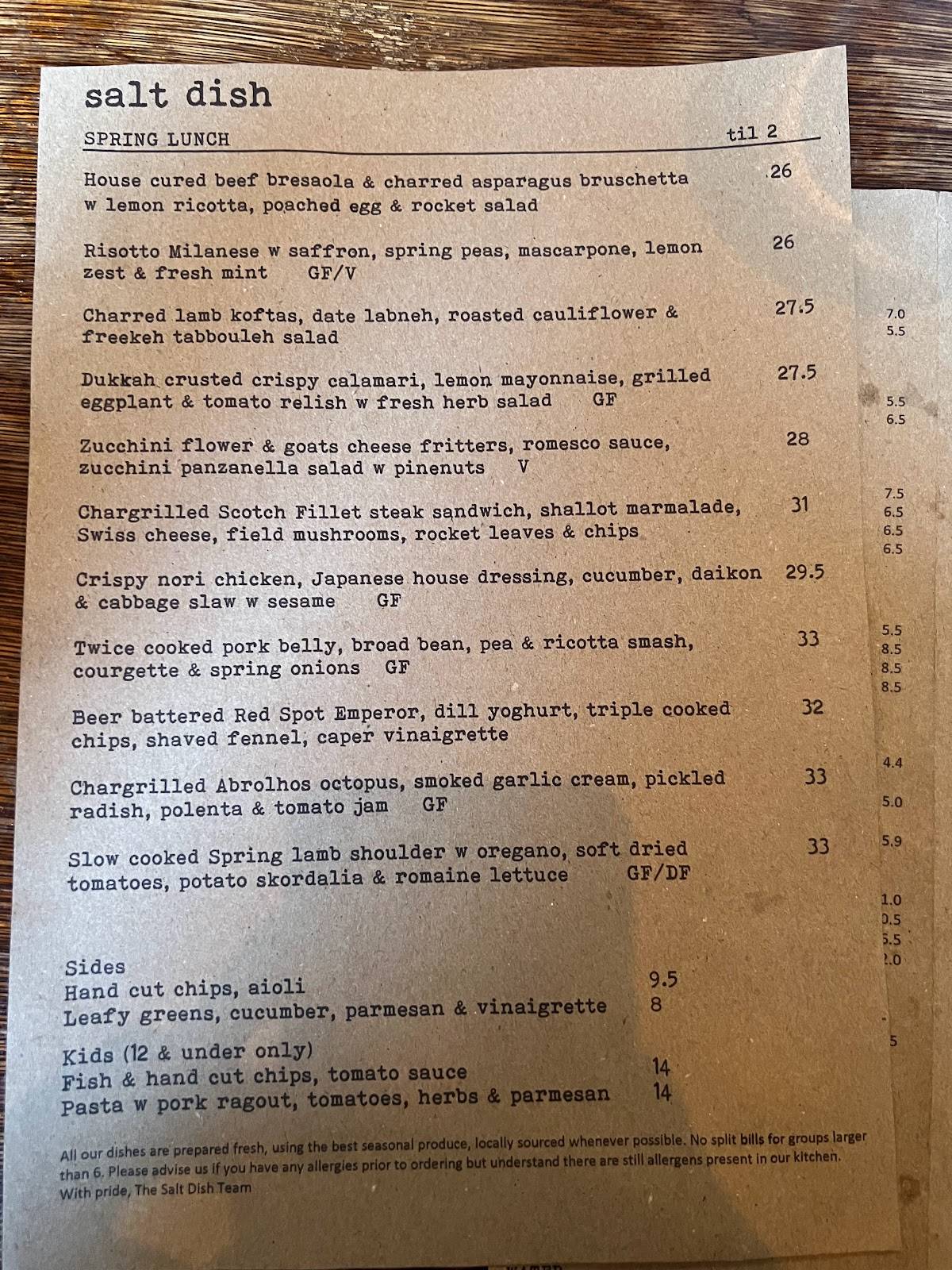 Menu at Salt Dish restaurant, Geraldton