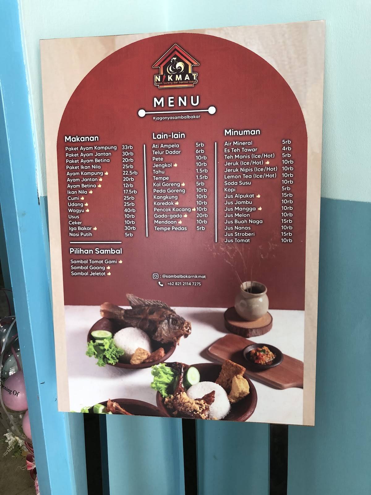 Menu at Sambal Bakar Nikmat restaurant, Tasikmalaya