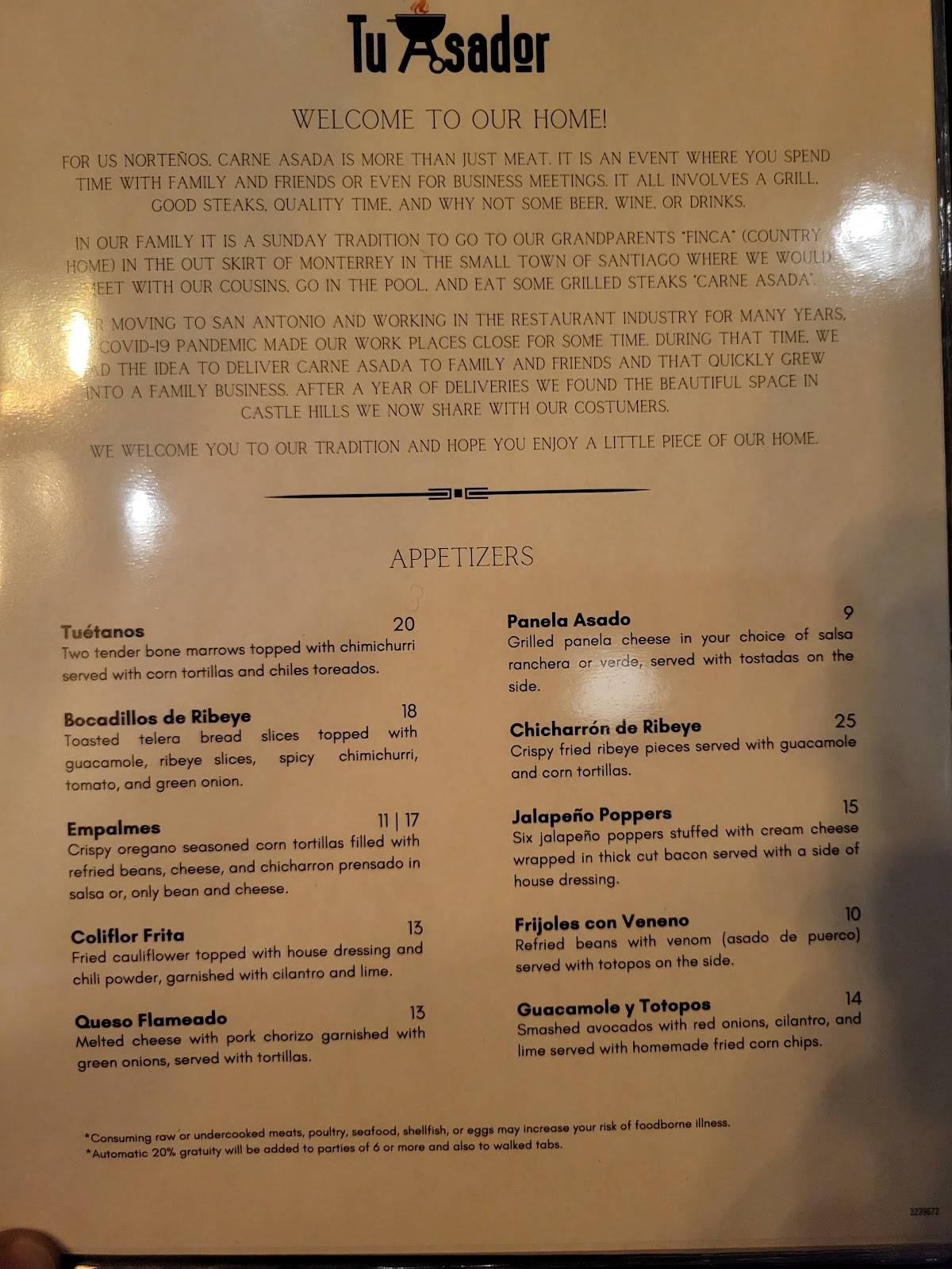 Menu at Tu Asador steakhouse, Castle Hills