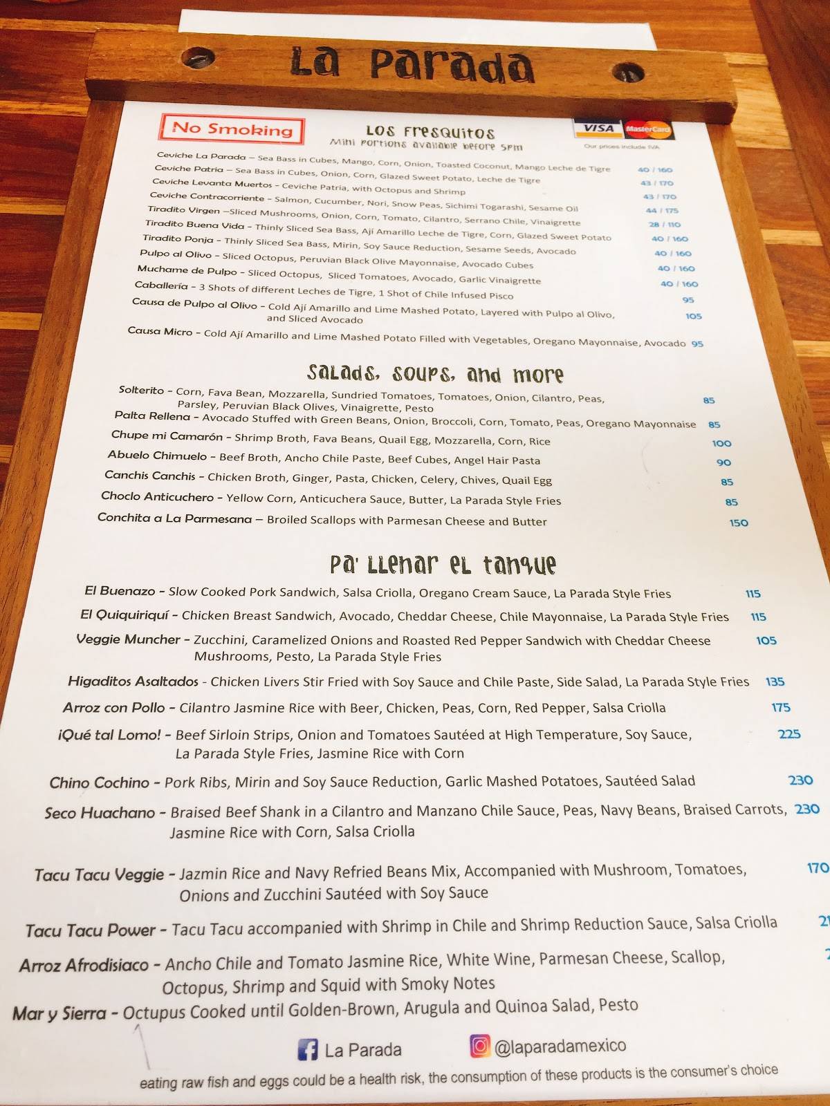 Carta del restaurante La Parada, San Miguel del Allende