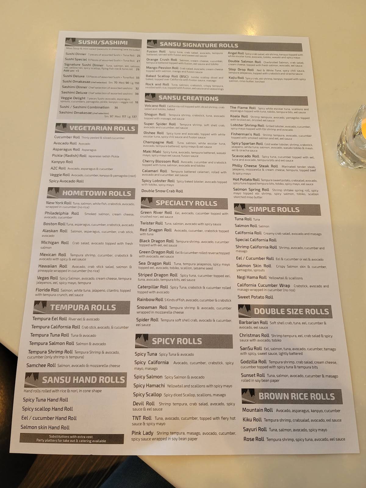 Menu at Sansu Sushi and Cocktails restaurant, East Lansing