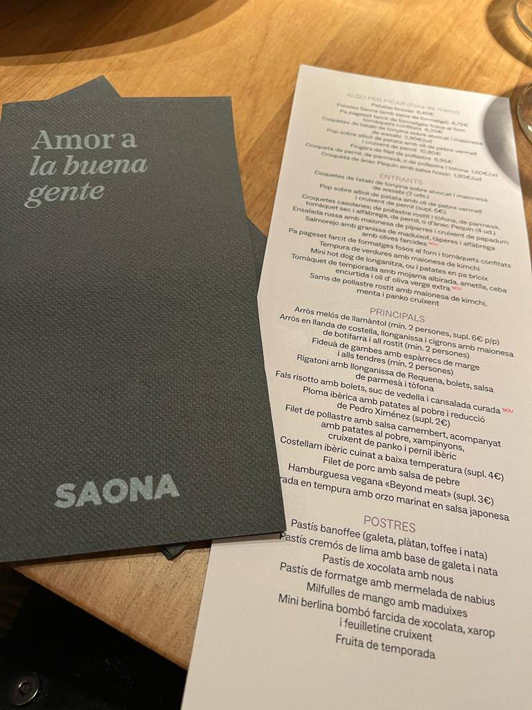Carta del restaurante Saona Aribau, Barcelona