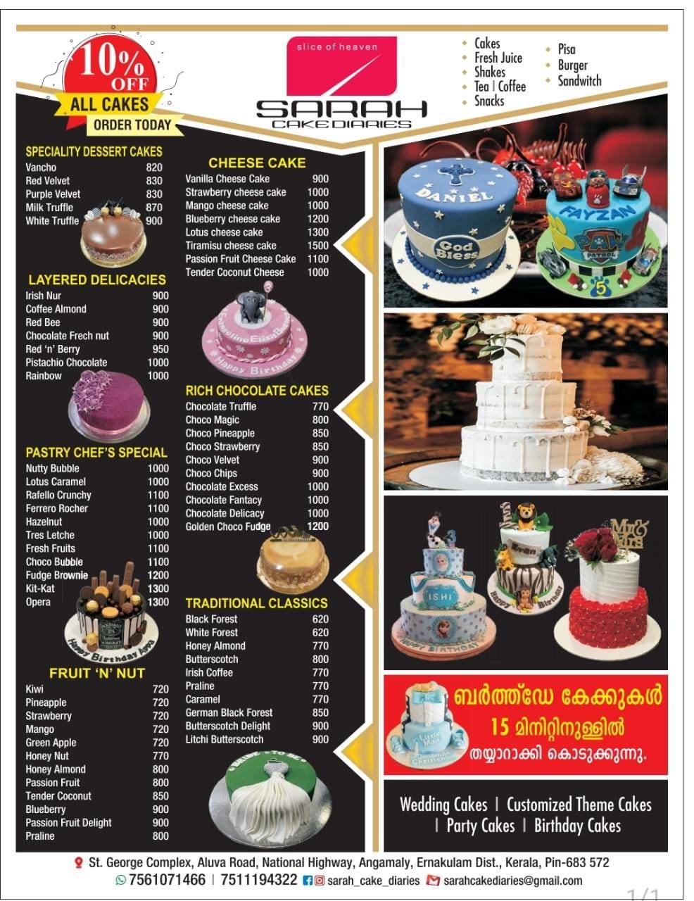 Menu at Sarah Cake Diaries, Angamaly
