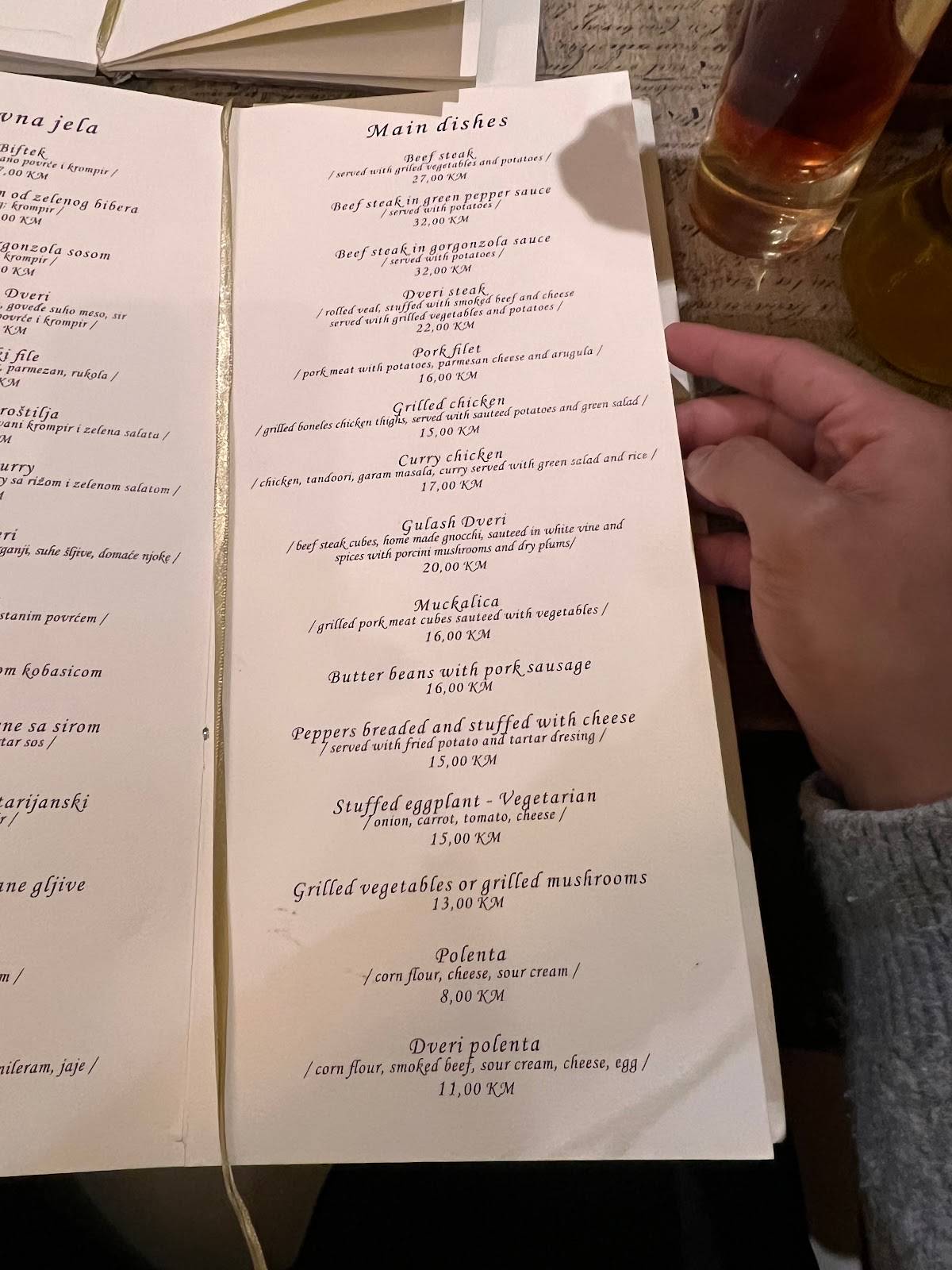 Menu at Dveri restaurant, Sarajevo