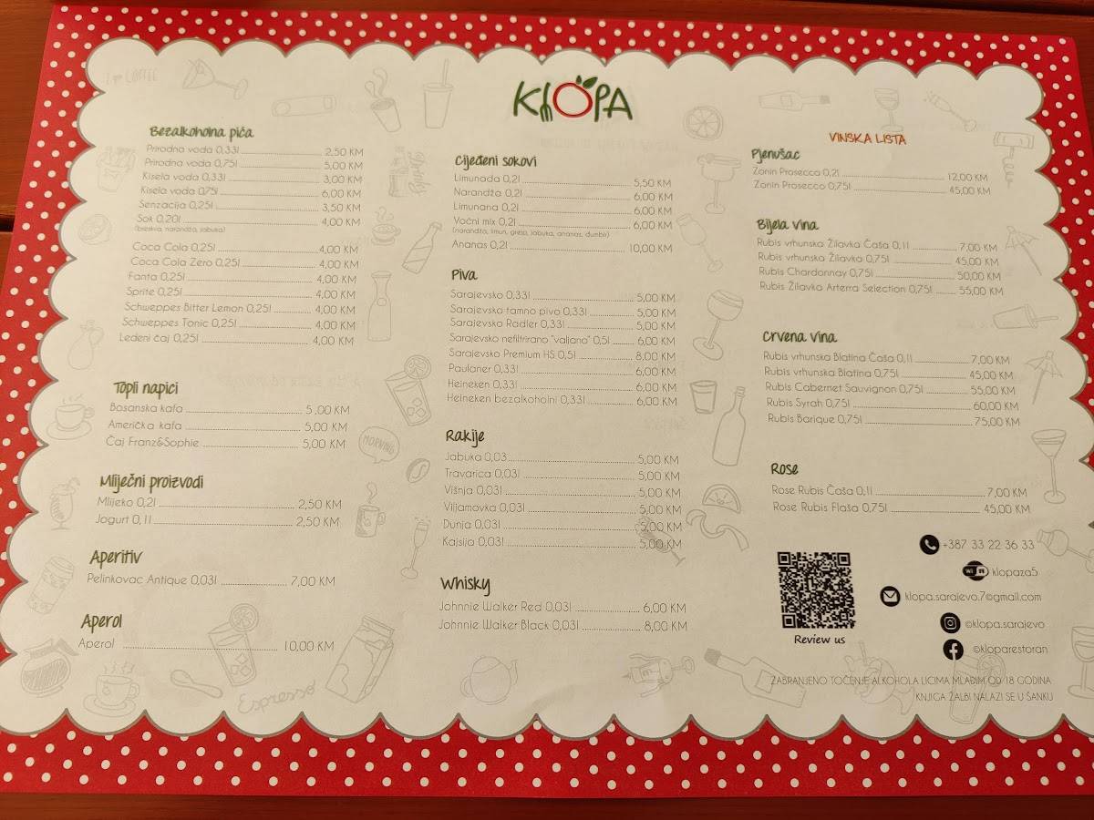Menu at Klopa restaurant, Sarajevo